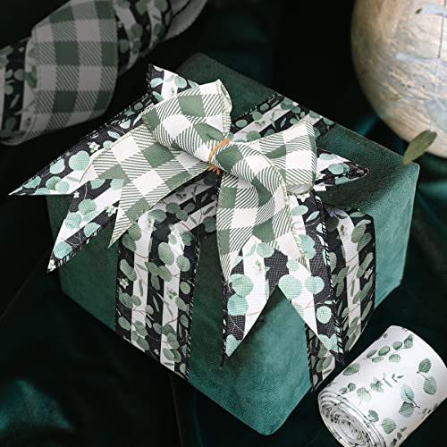 30 Yards Eucalyptus Wired Ribbon Sage Green Leaves Burlap Ribbons Greenery Decorative Ribbon Checkered Stripe Ribbon for Wedding Party Bridal Bouquets Spring Bow Wreath Making DIY Crafts