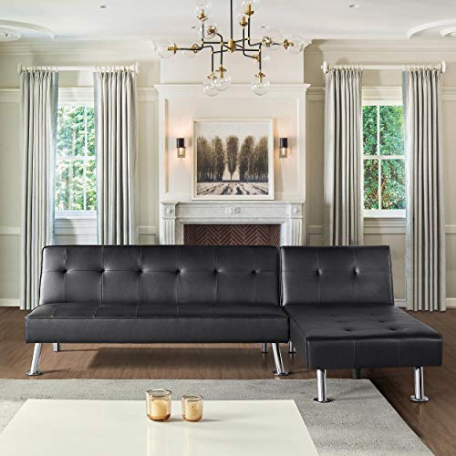 Topeakmart Sectional Sofa Couch Bed Convertible L-Shaped Faux Leather Couch Foldable Futon Sofa Sleeper with Reversible Chaise Lounge for Living Room Black