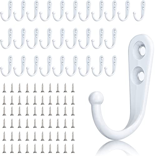 30 Pieces Large Wall Mounted Coat Hook Robe Hooks Cloth Hanger Coat Hanger Coat Hooks Rustic Hooks and 60 Pieces Screws for Bath Kitchen Garage Single Coat Hanger (White)