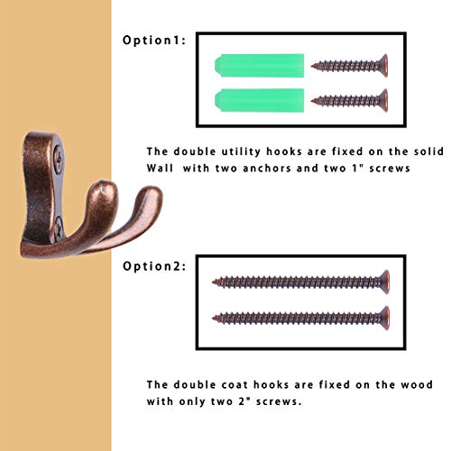 Double Utility Coat Hooks Hardware, Dual Zinc Alloy Hooks Wall Mounted Screws for Hanging Lightweight & Heavy Items Indoor&Outdoor Used, 6Sets (Bronze)