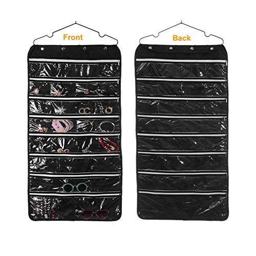 56 Pockets Large Zippered Dual Sided Jewelry Hanging Organizer Necklace Earrings Bracelets Rings Accessories Storage Bag Wall Mounted Door Cabinet Hanger Holder Clear Pouch Display Foldable for Travel