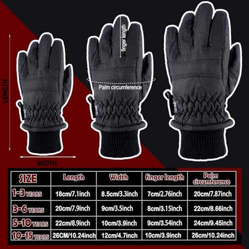 2 Pairs Kids Winter Ski Gloves Waterproof Warm Snow Mittens Full Finger Gloves for Toddlers Infants (Black, Rose Red, 5-10 Years)