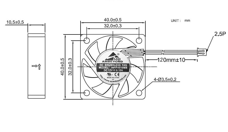 40 x 40 x 10mm 4010 DC 12V 0.1A Brushless Cooling Fan for 3D Printer Low Voltage 2pin AV-F4010MB UL CE