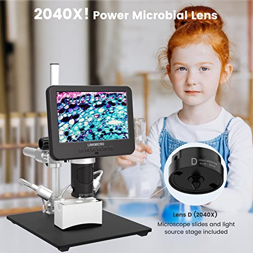3 Lens 7 inch HDMI Digital Microscope 2000X for Soldering with 13'' Arm Boom Stand LINKMICRO LM246MS UHD 2160P Error Coin Microscope Full View of Coins, Microscope Kit for Adults, PCB Repair DIY
