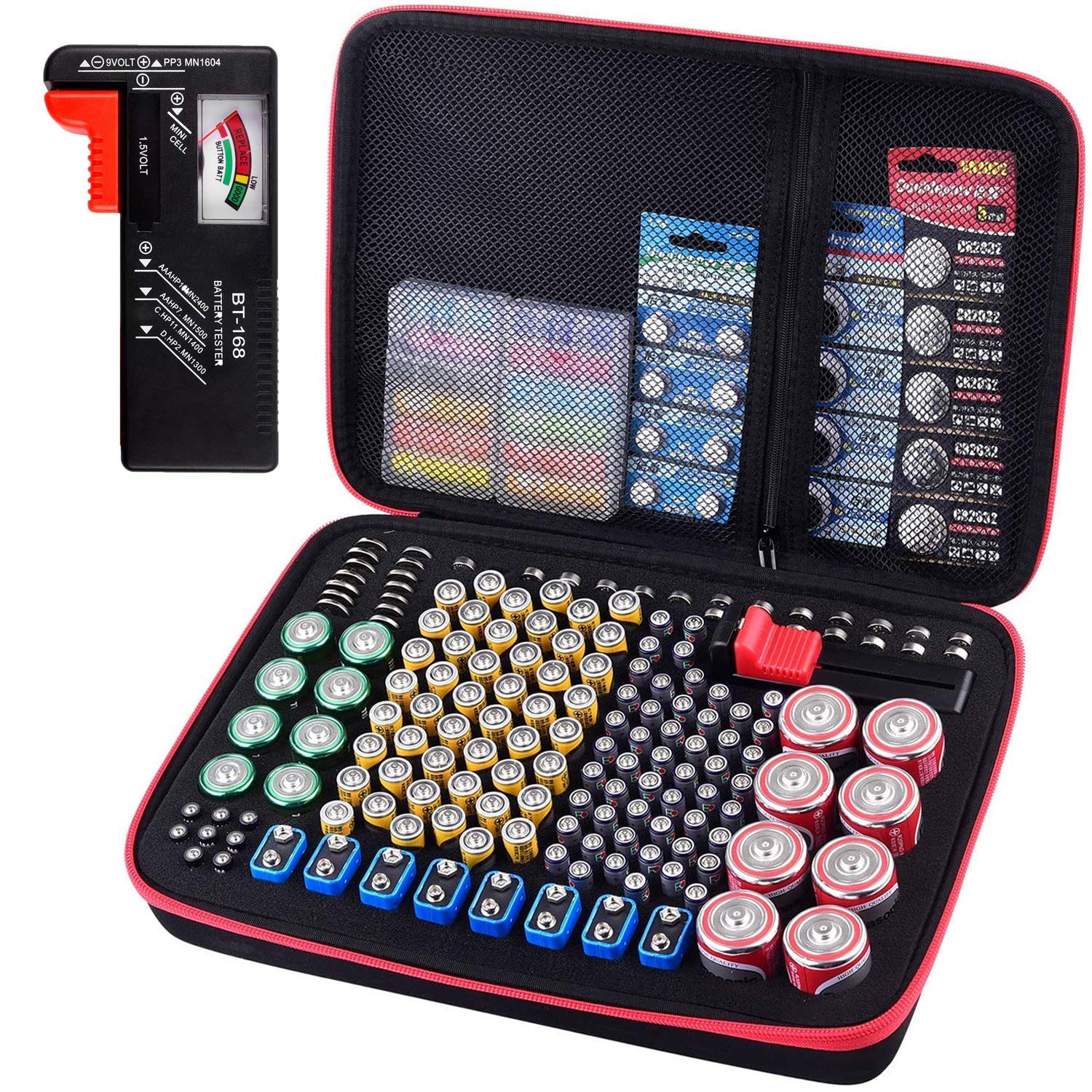 2 Pcs Battery Organizer Holder- Batteries Storage Containers Box Case with Tester Checker BT-168. Garage Organization Holds 225 Batteries AA AAA C D Cell 9V 3V Lithium LR44 CR2 CR1632 CR2032