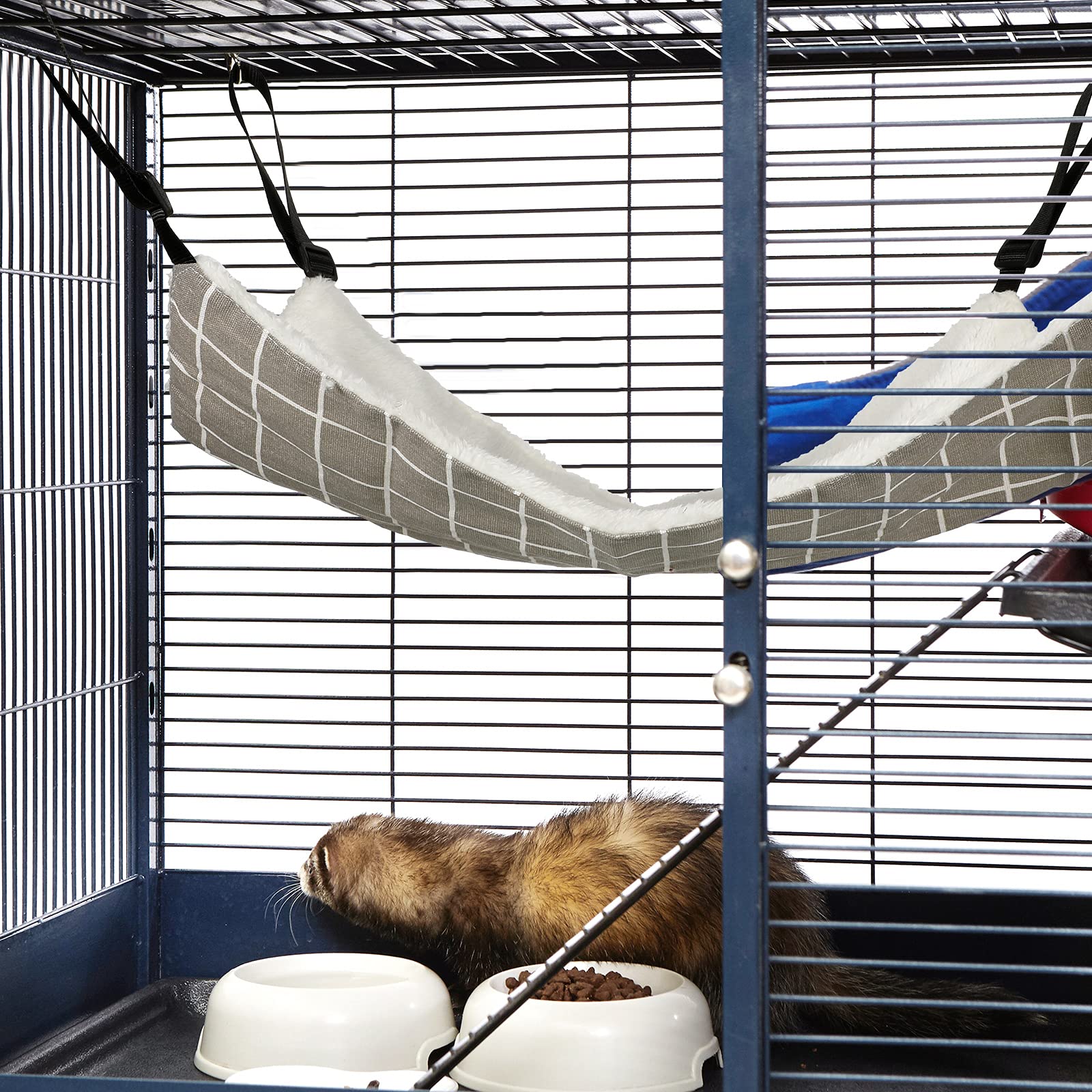 2 Pieces Reversible Cat Hanging Hammock Soft Breathable Pet Cage Hammock with Adjustable Straps and Metal Hooks Double-Sided Hanging Bed for Cats Small Dogs Rabbits (Cat and Plaid,L)