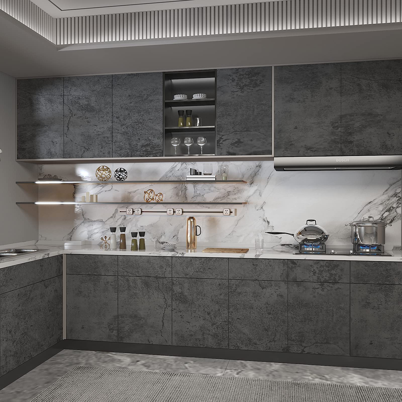 16"×354" Grey Blue Concrete Contact Paper 3D Extra Thick Faux Cement Concrete Wallpaper Peel and Stick Vinyl Textured Removable Adhesive Sticky Wall Tile Sticker for Kitchen Countertop Gym Bathroom