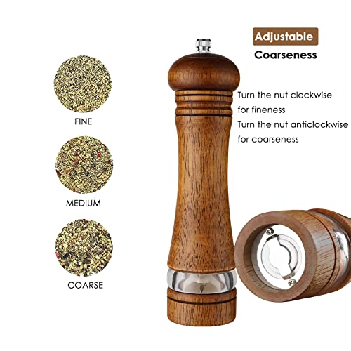 2-Piece Salt and Pepper Grinder Set, 8 Inch Wooden Salt and Pepper Mills with Adjustable Coarseness, Refillable Manual Pepper Mill Grinder for Home Cooks (Brown)