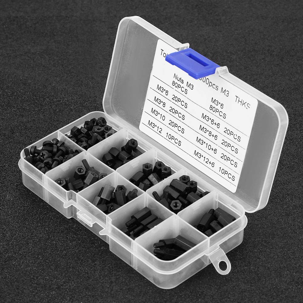 300pcs Black M3 Male Female Standoffs Screws Nuts Assortment Kit with Box Widely Used in Machinery Industry, Electronic Industry, Testing Equipment, Electric Equipment