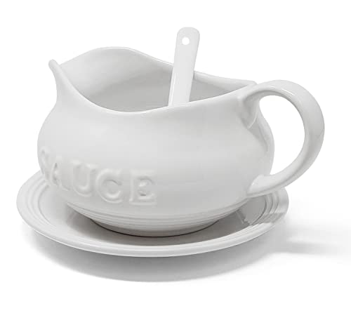 24 Oz Gravy Boat, Tray and Ladle | Ceramic White Gravy Dish With The Word "Sauce" On It