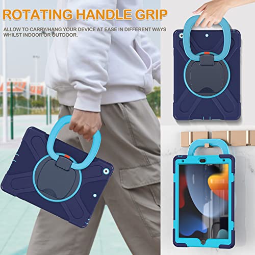 BRAECN for iPad Case 9th/8th/7th Generation,Rugged Kids Friendly Silicon Case with Folding Stand/Handle Grip Pencil Holder Shoulder Strap Screen Protector Pencil Cap Holder for iPad 10.2”-Navy Blue