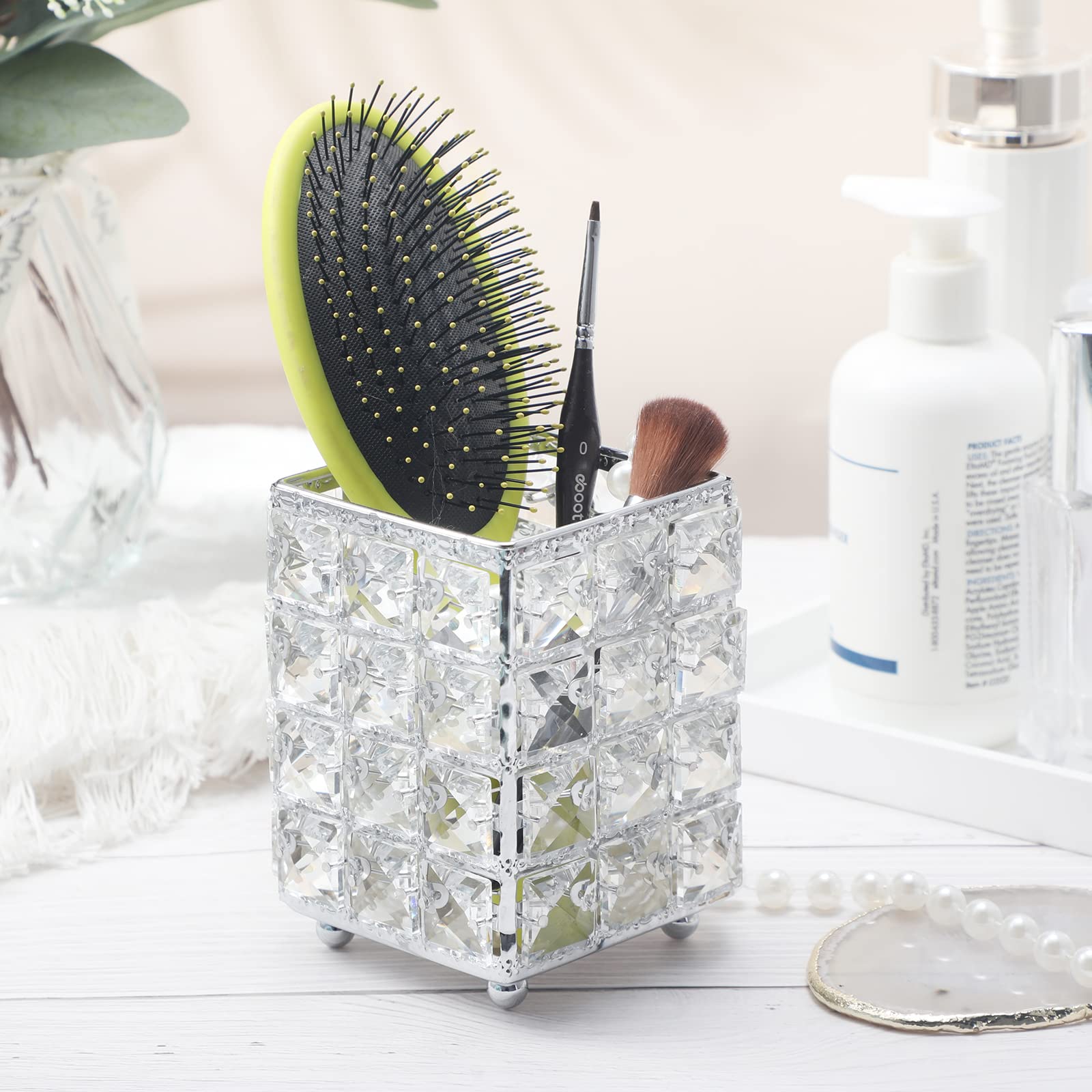 2 Packs Crystal Makeup Brush Holder Organizer Cosmetics Brushes Storage Cup Handcrafted Pen Pencil Holder Container, Square (Silver)