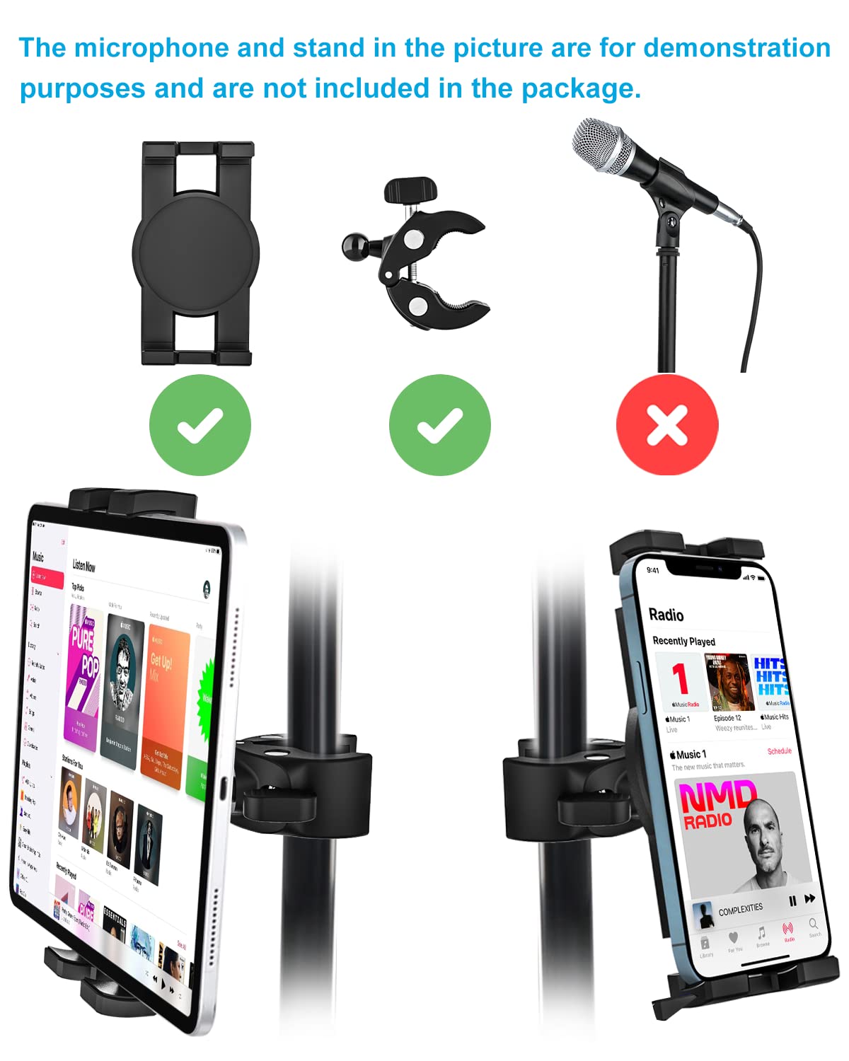 woleyi Tablet Mic Stand Holder, Microphone Music Tablet Mount with Ultra Stable C-Clamp, Compatible with iPad Pro/Air/Mini, Galaxy Tabs/Z Fold, Fire HD, iPhone, More 4.7-13" Cell Phones and Tablets