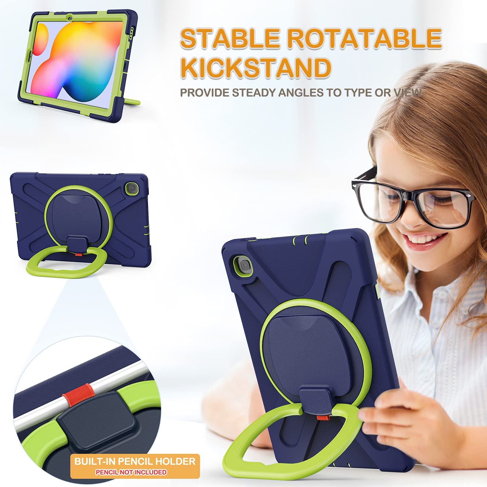 BRAECN Silicone Case for Samsung Galaxy Tab S6 Lite 10.4 Inch 2022/2020, Heavy Duty Rugged Case with Handle Grip, Shoulder Strap, Stable Kickstand, S Pen Holder, Navy+Green