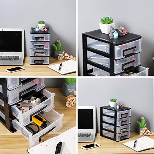 BESPORTBLE Drawer Storage Four Layer Plastic Drawer Organizer Shelf Storage Rack Storage Box for Office Bedroom Home (Black and Transparent)