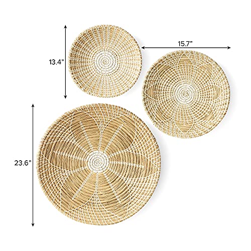 Artera Home Wicker Wall Basket Decor - Set of 3 Oversized, Hanging Natural Woven Seagrass Flat Baskets, Round Boho Wall Basket Decor for Living Room or Bedroom, Unique Wall Art