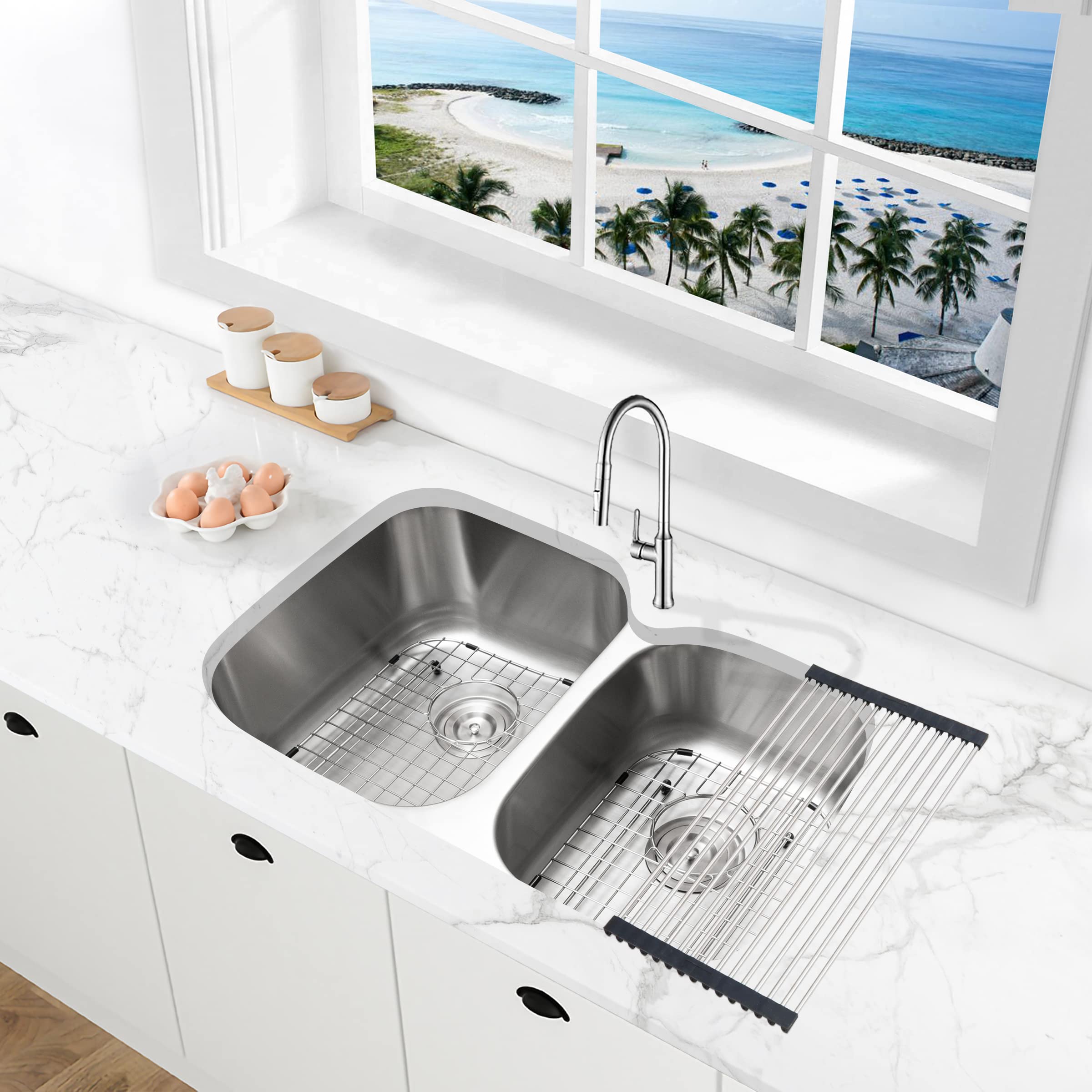 KABCO 32 Inch Big Double Unequal Bowl Stainless Steel Classic Kitchen Sink, Rust Resistant, Sound and Heat Proof 18 Gauge Undermount Sink with Sink Strainers, Sink Grids and rolling up grid