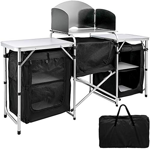 101010 Camping Kitchen Table with Windscreen and 3 Storage Organizer, Portable Aluminum Cook Station Lightweight Easy to Set-up, Outdoor Folding Table for Camping, BBQ and Party