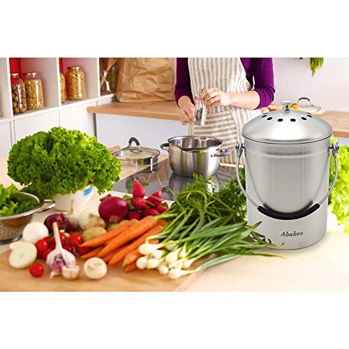 Abakoo Stainless Steel Compost Bin for Kitchen Countertop Compost Bucket Kitchen Pail Compost with Lid 1.3 Gallon-Includes 4 Filters