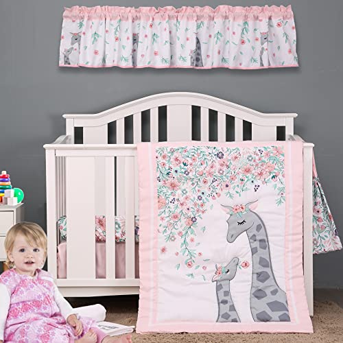Brandream Nursery Bedding Jungle Animal Crib Bedding Giraffe Family Baby Comforter Set, 6 Piece Farmhouse Floral Girls Boys Cradel Bedding, Grey Pink White