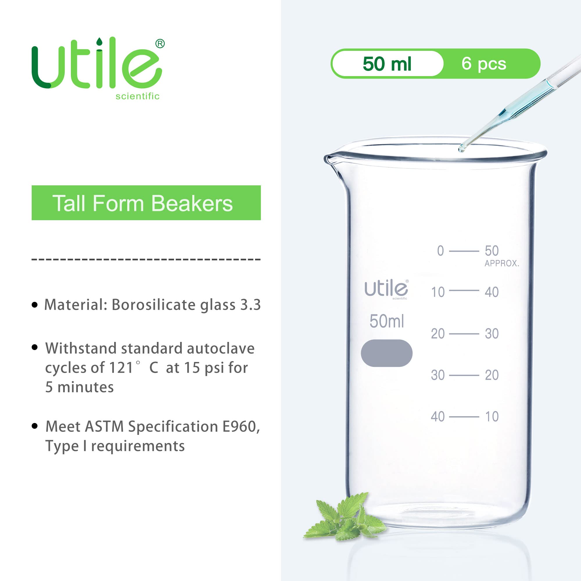 Utile 6pcs of 1.7oz(50ml) Tall Form Glass Beakers, Shot Glass, Borosilicate 3.3 Glass with Printed Graduation, 4001.0050.6