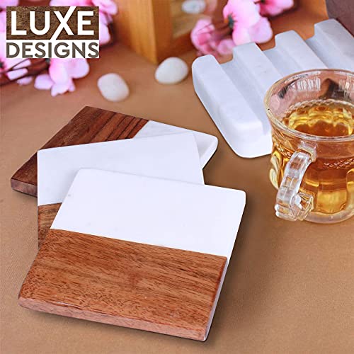Acacia Wood & White Marble Coasters with Holder (4 Piece) β Square Absorbent Coasters For Drinks: Tea, Coffee, Wine & More β Fancy Half Marble Half Wood Coasters Set for Home & Kitchen Decor (4β x 4β)