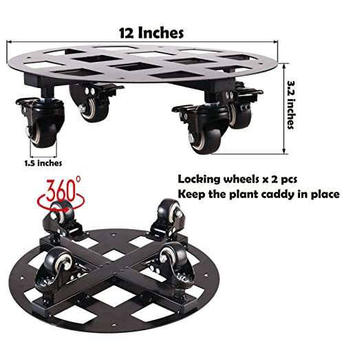 2 Packs Metal Plant Caddy with Wheels 12β Heavy-Duty Wrought Iron Rolling Plant Stands with Casters Indoor and Outdoor Plant Pot Roller Base Plant Saucer Movers Black, Strong Load Capacity