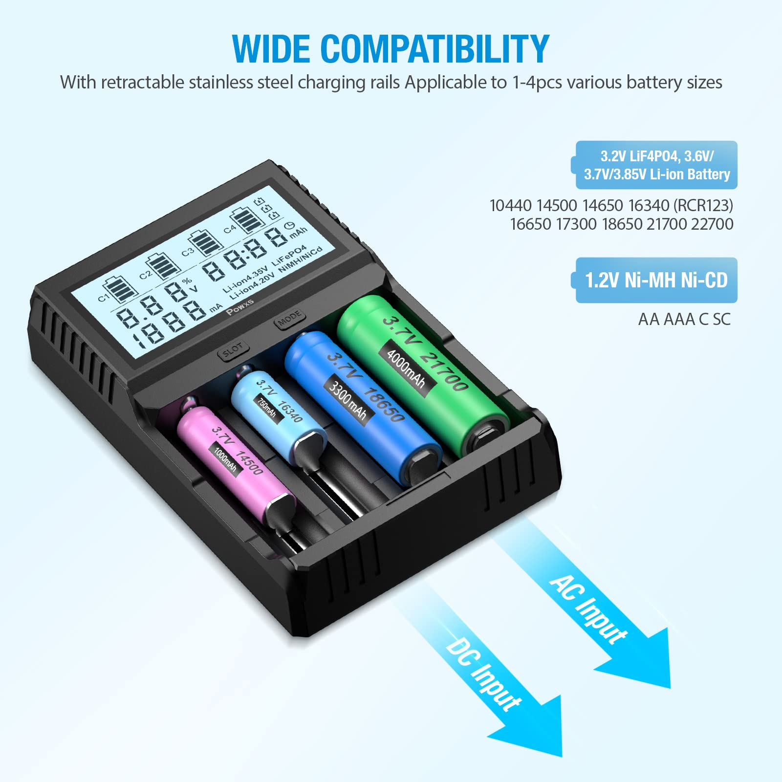 18650 Battery Charger with Testing Functions, POWXS Universal 3.7V Charger for Li-Ion Rechargeable Batteries IMR Lithium 26650 21700 18650 16340 14500 10440, Ni-Mh/Ni-Cd AA AAA C Batteries