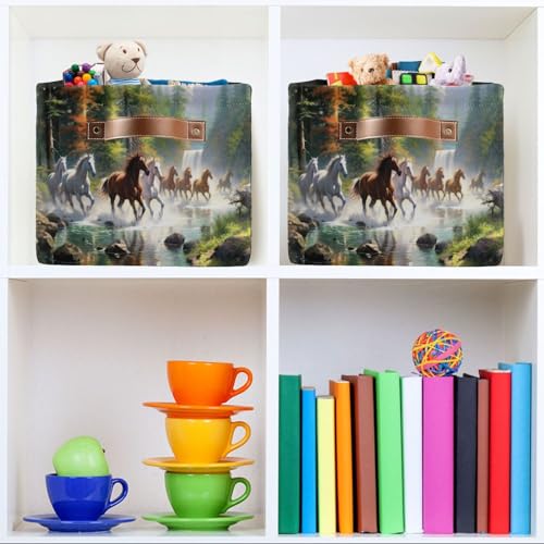 STAYTOP Large Storage Basket Collapsible Toy Storage Bins Waterproof Laundry Basket with Handle.Used for Home Closets, Offices, Bedrooms, Kids Toy and Gift Baskets-Running Horses(Rectangular)2PCS