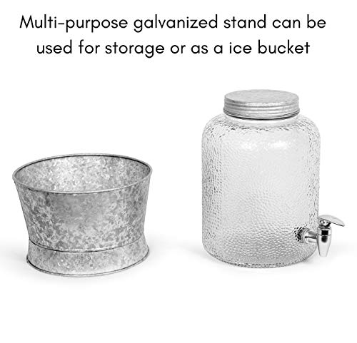 BirdRock Home 2.5 Gallon Pebbled Glass Beverage Dispenser with Galvanized Stand - Lid - Spigot - Decorative Round Jar for Drinks - Lemonade Sangria Tea Water Drink Jar Jug - Home Parties