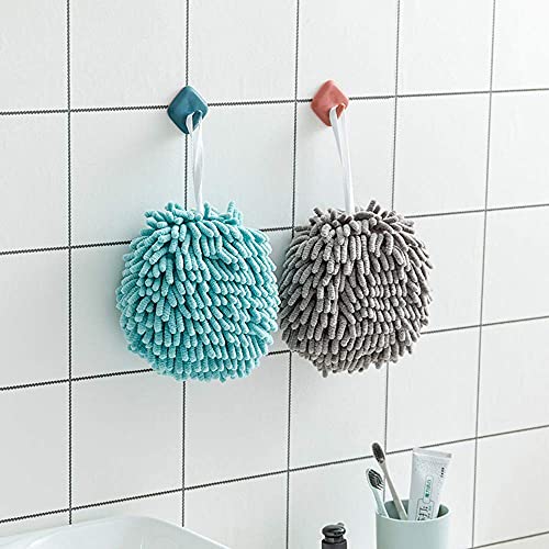 2 Packs of Microfiber Bathroom Hand Towel Set, Grey & White Chenille Fluffy Decorative Little Towel Ball Quick Dry Hanging Absorbent Soft Towels with Loop for Kitchen Powder Room.