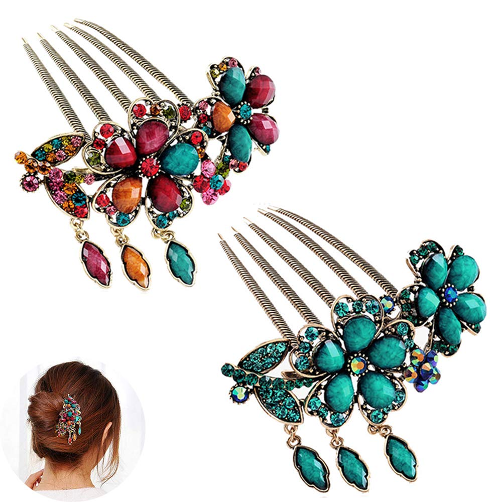 2Pcs Women Hair Combs Accessories, BIMTXL Retro Decorative Fashion Hair Comb Clips - Rhinestone Flower Hairpin for Wedding Prom (Blue+Colorful)