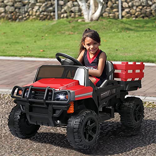 TOBBI 12V Kids Ride on Truck with Remote Control Battery Powered Toy Tractor with Trailer in Red