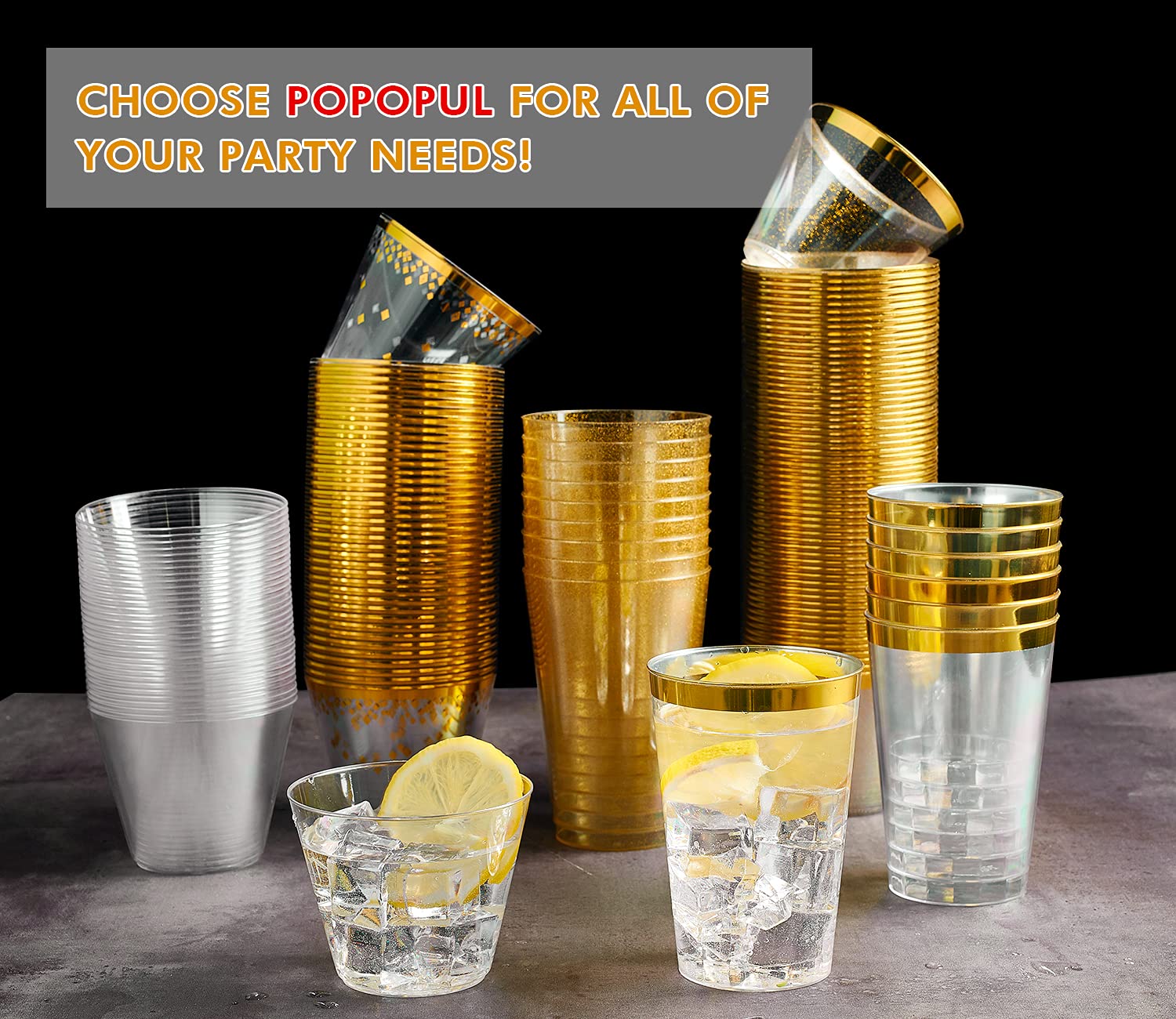 100 Pack 12oz Gold Glitter Plastic Cups, POPOPUL Disposable Cups Heavy Duty Plastic Cups Tumblers, Reusable Clear Hard Plastic Cups for Wedding, Halloween, Thanksgiving, Christmas Party