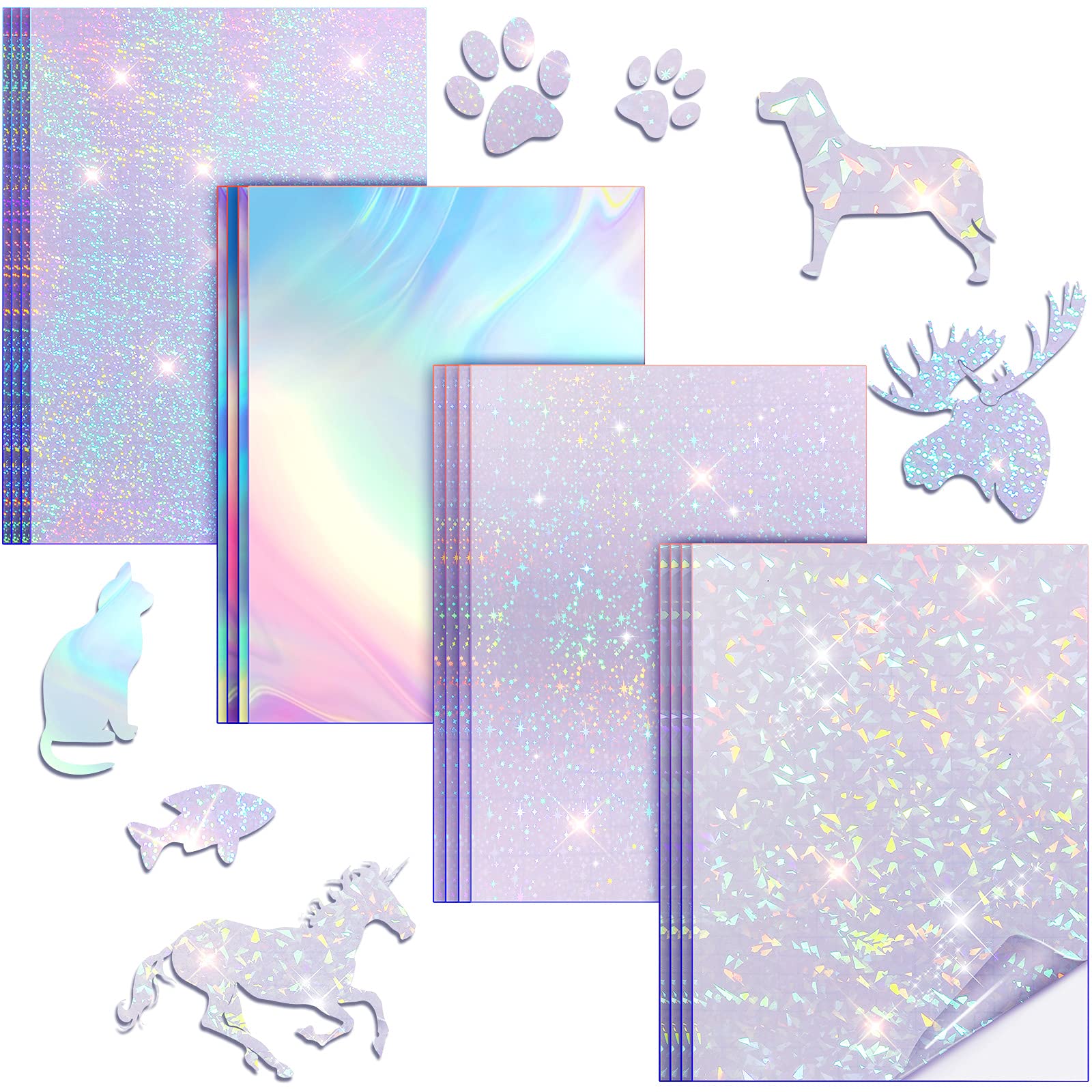 24 Sheets Holographic Sticker Paper Vinyl Printable Sticker Paper Transparent Holographic Self Adhesive Sticker Holographic Rainbow Waterproof Film for Stickers, A4 Size, 8.25 x 11.7 Inches
