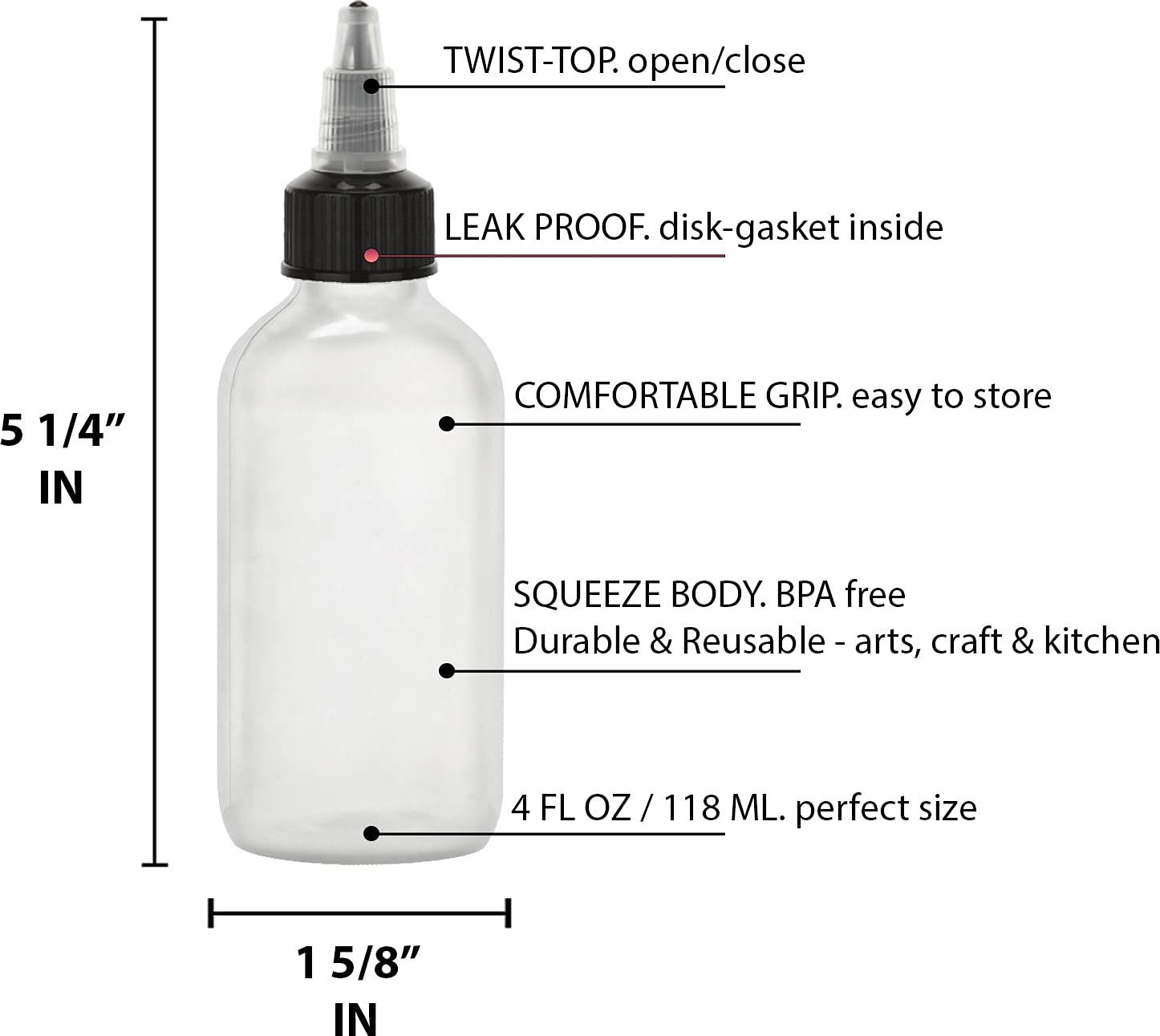 BRIGHTFROM Twist Top Applicator Bottles, Squeeze 4 OZ Empty Plastic Bottles, Refillable, Black Open/Close Nozzle - Multi Purpose (Pack of 2)