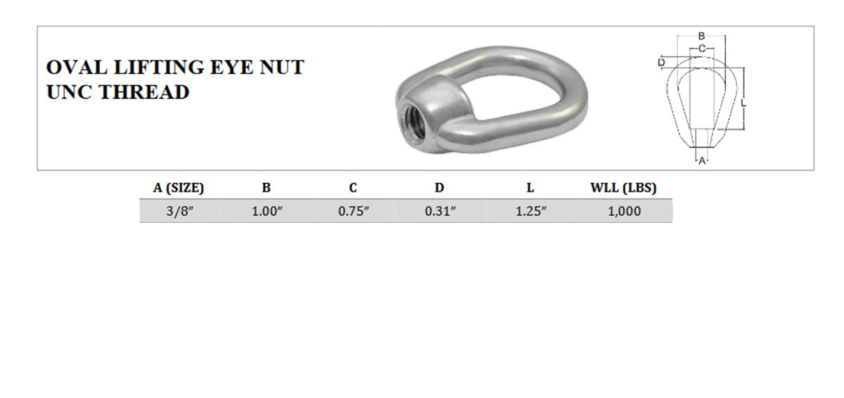 2 Pc Stainless Steel Eye Nut 3/8" UNC Tap SS T304 Thread Boat Marine 1,100 Lbs Cap