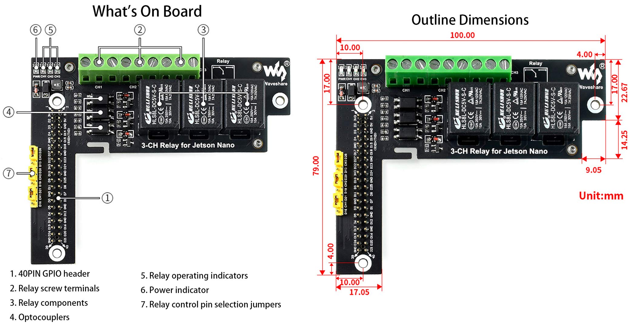 3-Channel Relay Expansion Board for Jetson Nano Developer Kit B01 and Jetson Nano 2GB Developer Kit, up to 2X Stackable Max Load ≤5A 250V AC or ≤5A 30V DC