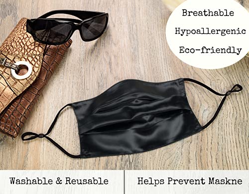 Celestial Silk Premium 22 Momme Silk Face Mask Reusable and Washable Anti Dust Mouth Cover with Adjustable Ear Loops Women (Pleated, Black)