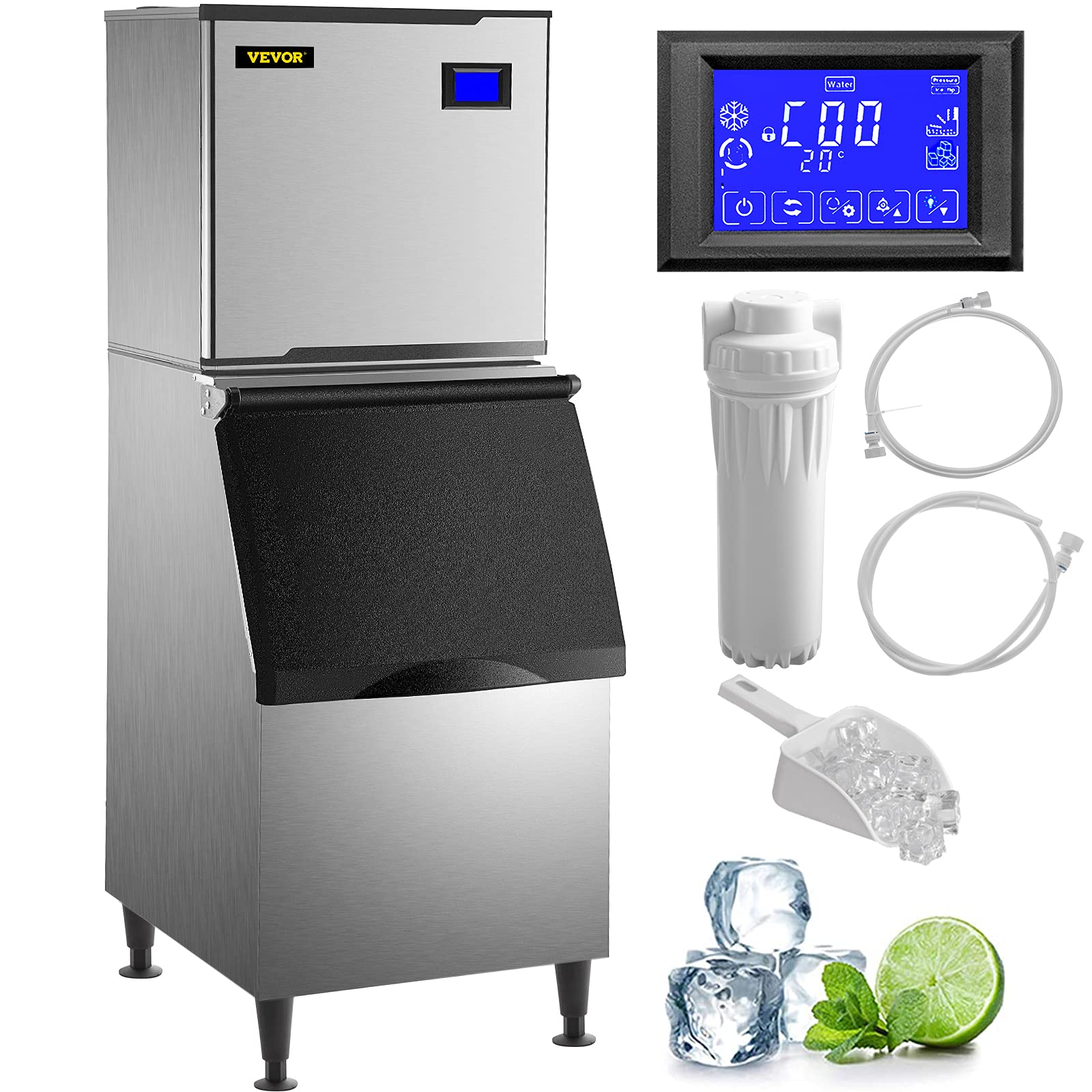 VEVOR Commercial Ice Maker Machine, 360LB/24H Stainless Steel Industrial Ice Machine with 250LB Large Storage for Home Bar Restaurant, 195PCS Ice Cubes Ready in 8-15 Mins,Filter Scoops Hose Included
