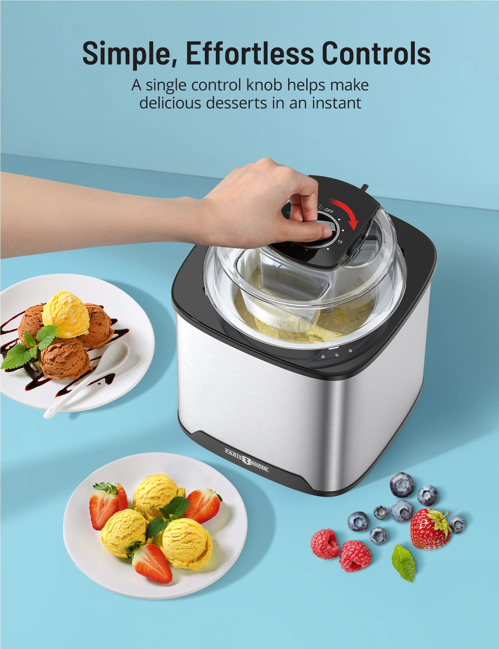 2.1 Quart Ice Cream Maker, Paris Rhône Automatic Homemade Electric Ice Cream Maker Machine for Countertops with Freezer Bowl, Spatula, Scoop, Measuring Cup for Frozen Yogurt, Creamy Ice Cream,