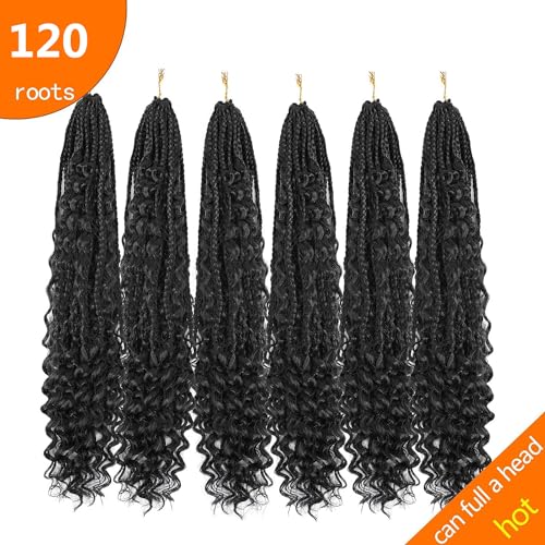 Ayana Crochet Box Braids Curly Ends 120 Strands 22Inch Goddess Box Braids Crochet Hair Bohomian Crochet Braids Box Braids 3X Boho Box Braids Synthetic Crochet Braids Hair Extensions (6pack, 1B)