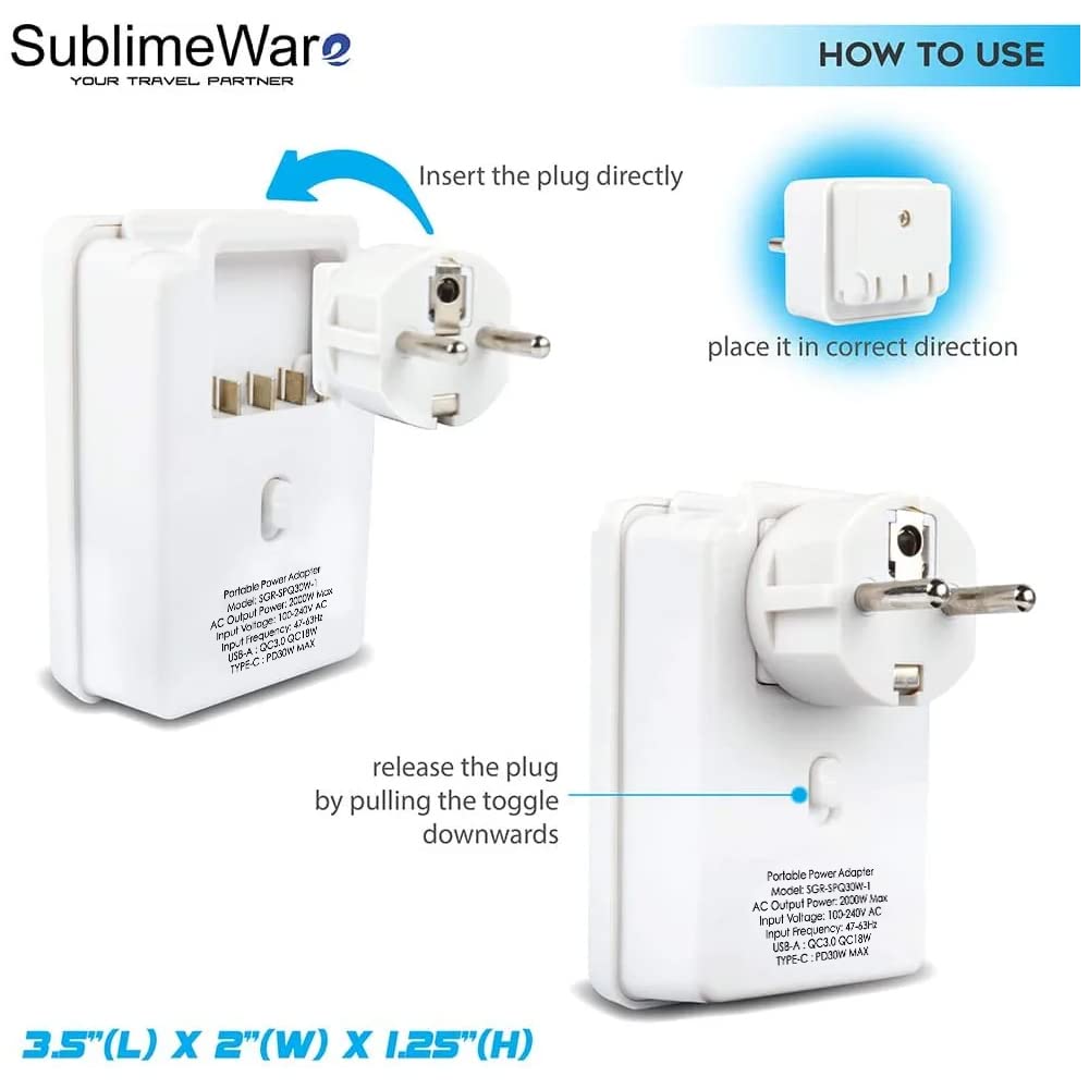 2000 W Travel Adapter Kit w/ 2 USB Ports & Outlets - International Power Adapter Plug Europe US UK Adaptor - 220-110V Adapter - Smart 2.4 A USB Electrical Charger Dual Voltage Device Sublimeware