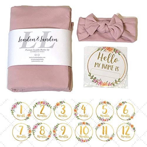 Baby Swaddle Blanket Set with Headband, Nursery Swaddling Receiving Wrap for Girls,13 Welcome Home Milestone Stickers Bundle with Bow, Newborn Photo Growth Mat, Infant Wrap 48"x48" Dusty Rose (Mauve)