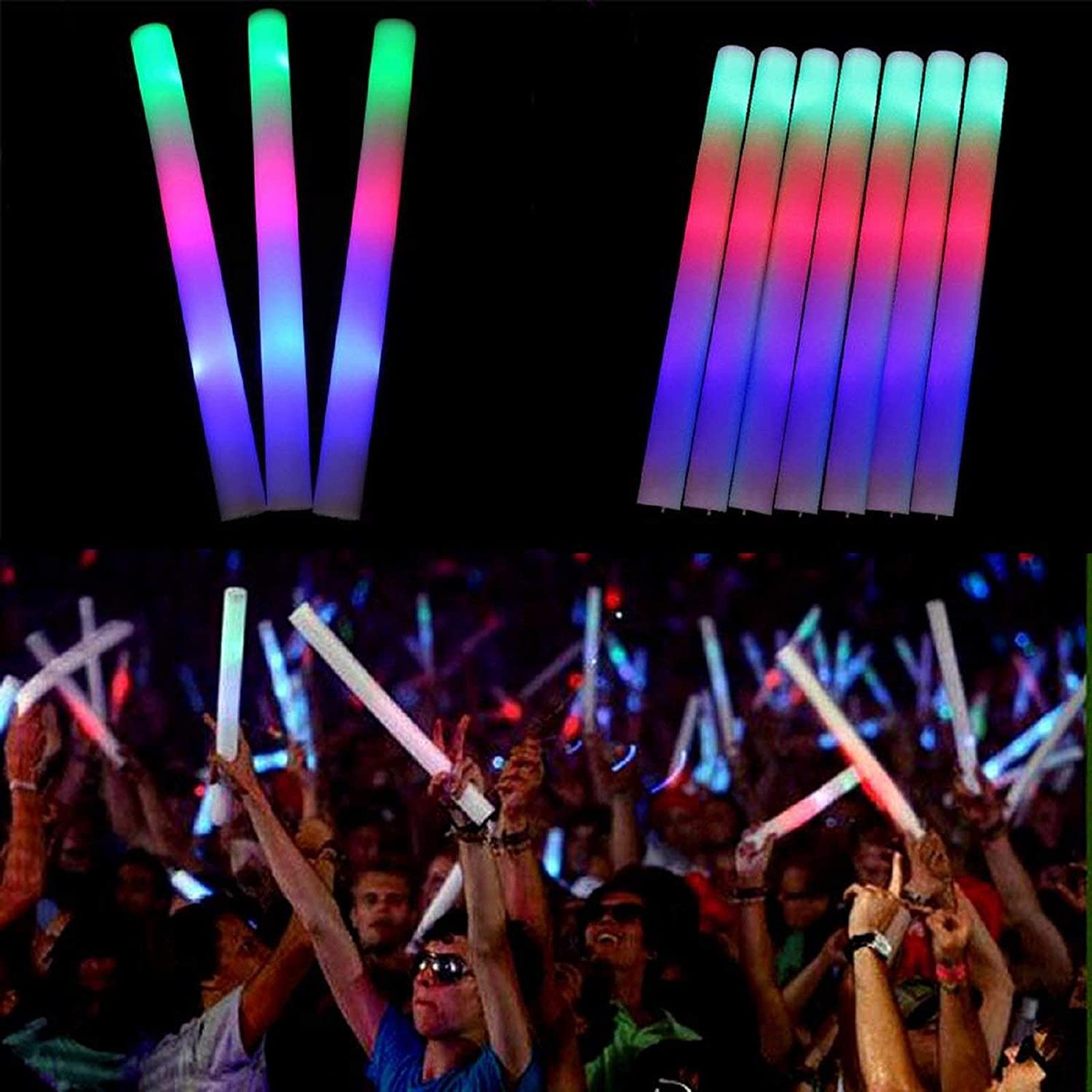 100 LED Foam Sticks Multi Color Flashing Glow Wands, Batons, Strobes - 3 Flashing Modes - Birthdays and Parties