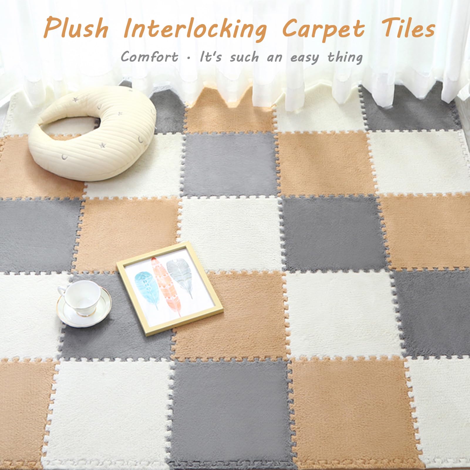 10pcs Puzzle Play Mats, 12" X 12" Plush Interlocking Carpet Tiles, Foam Square Area Rugs for Play Room, Bedroom, Easy to Install DIY(Color:White+Khaki)