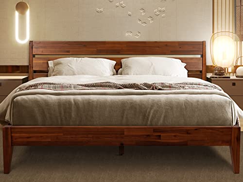 Acacia Emery Bed Frame with Headboard Solid Wood Platform Bed, King Size Bed Frame, Sturdy Natural Wood Bed Compatible with All Mattress Types, No Box Spring Needed, Wood Slats Support, Chocolate