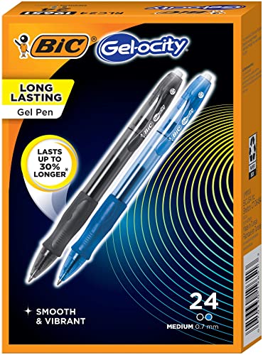 BIC SUPER SMOOTH Gel-ocity gel pens, Bulk Pack Of 24 Ink Pens, 12 Black And 12 Blue Retractable Gel Pens, Medium Point 0.7 mm, 24-count