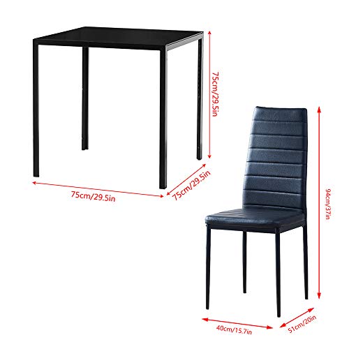 Set of 5 Dining Table Chair Set, Black Glass Square Dining Table and 4 Black Faux Leather Dining Chairs, Modern Dining Room Set with Metal Legs 5-Piece Kitchen Table Chair Set for Home Restaurant