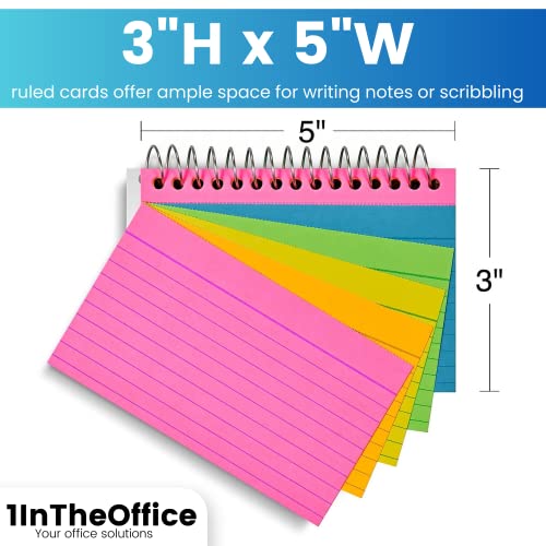 1InTheOffice Spiral Index Cards 3x5 Ruled, Spiral Bound, 50 Neon Note Cards/Spiral (2 Pack)
